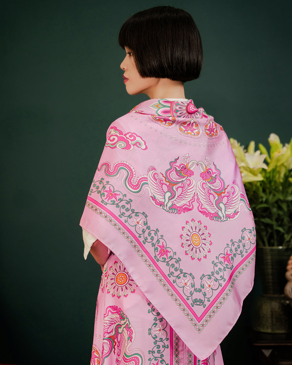 Folk Form Phoenix Dance Silk Scarf | Pastel Pink
